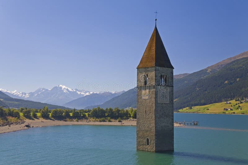 Churchtower in Lake Reschen Stock Image - Image of blue, reschen: 13404803