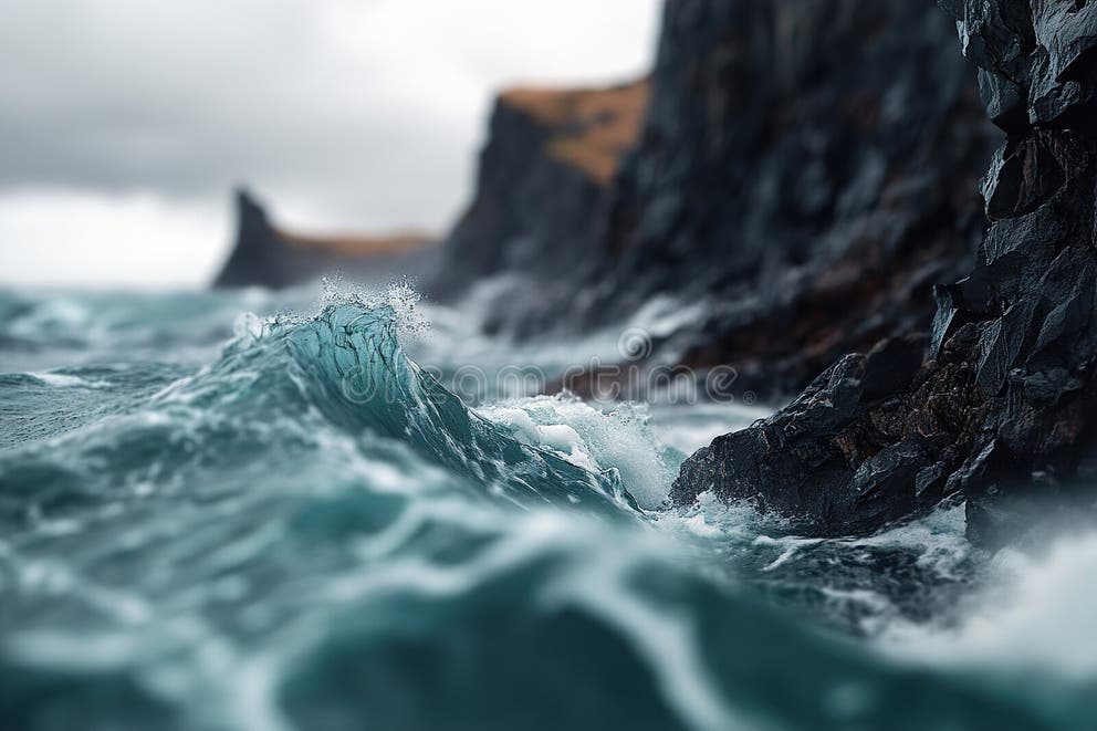 Churning Waters Clash Violently Against Dark Cliffs, Creating Dynamic ...