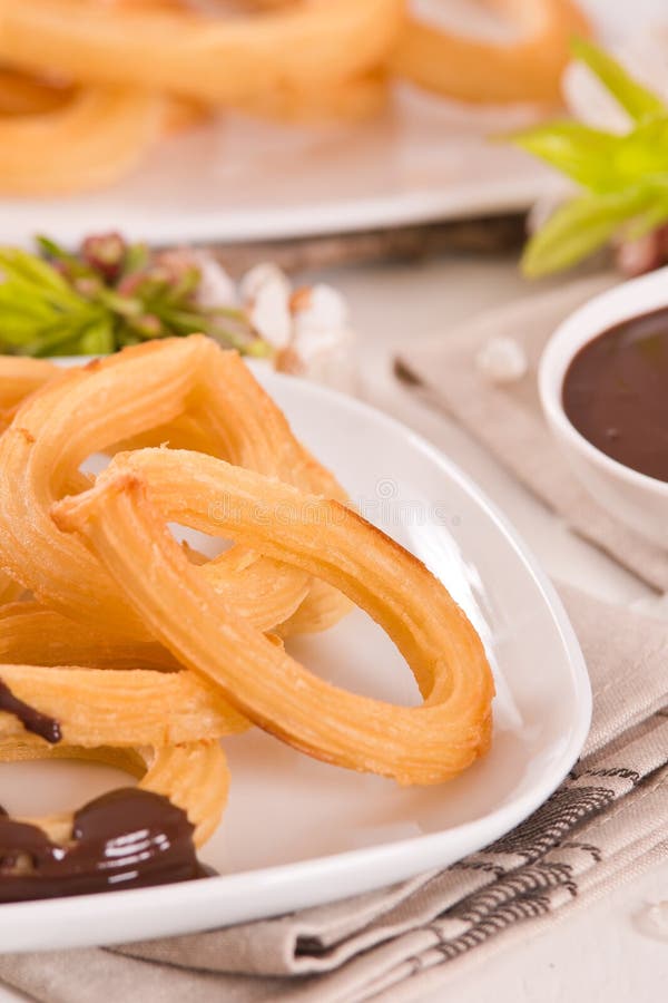 Churros with Chocolate Dipping Sauce. Stock Image - Image of gastronomy ...
