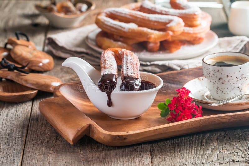 Churros, Coffee and Hot Chocolate Stock Photo - Image of food, closeup ...