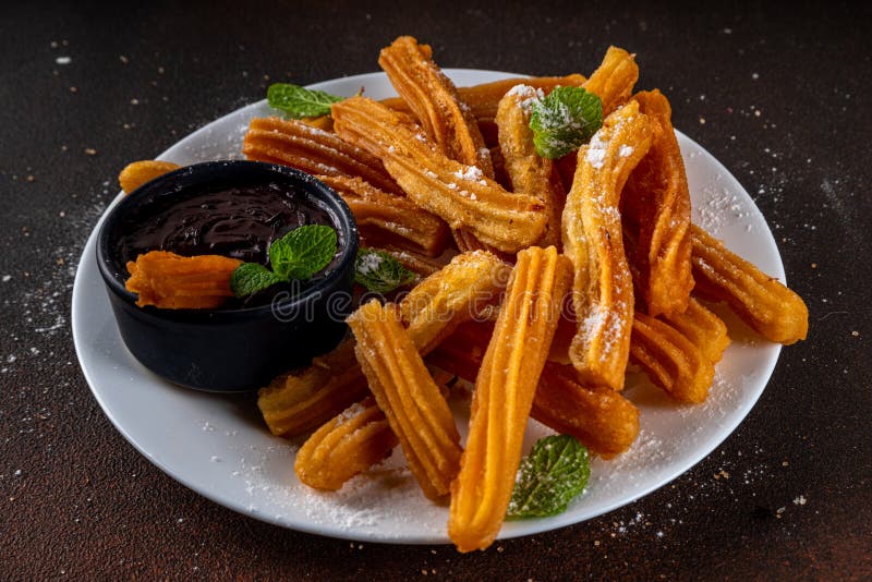Churros with Sugar Powder and Chocolate Stock Photo - Image of donut ...
