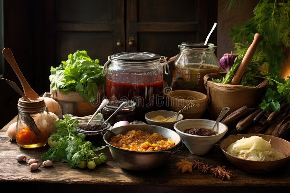 Chutney-making Process with Ingredients, Utensils, and Jar on Table ...