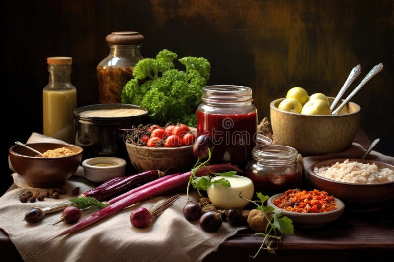 Chutney-making Process with Ingredients, Utensils, and Jar on Table ...