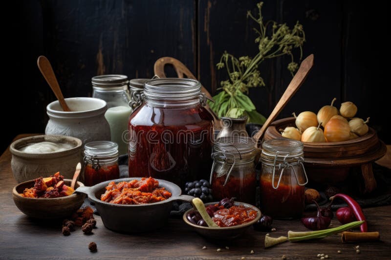 Chutney-making Process with Ingredients, Utensils, and Jar on Table ...