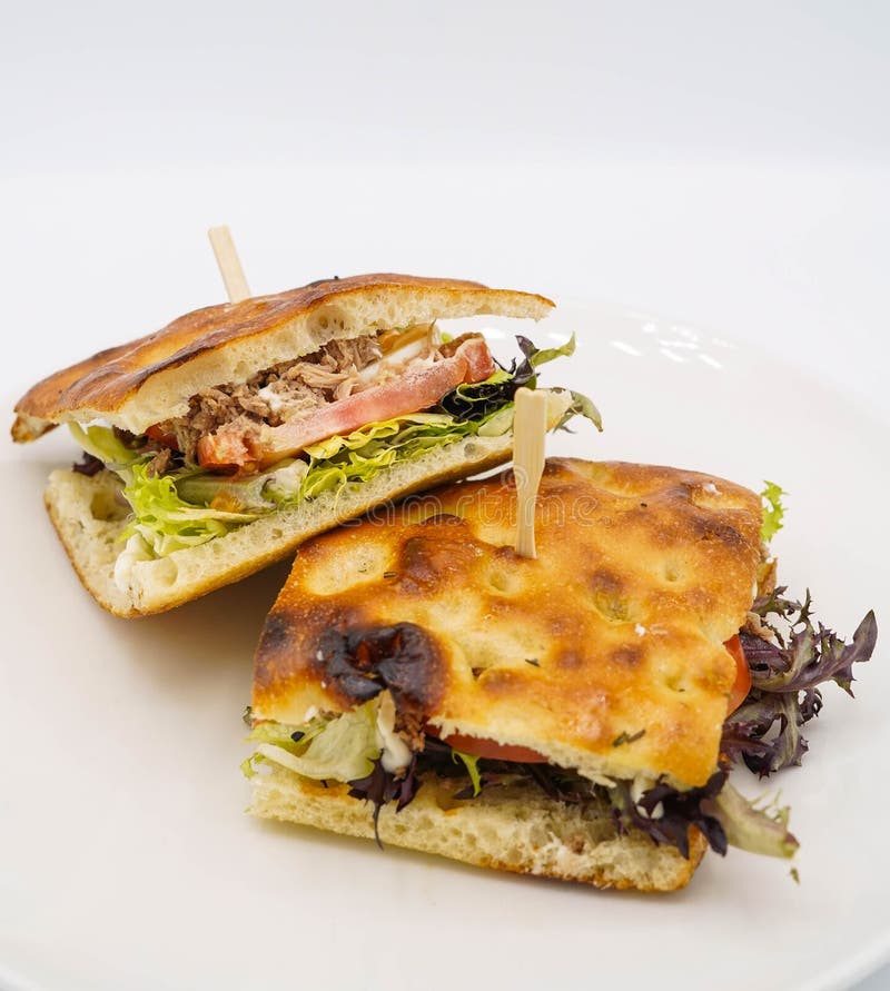 Ciabatta Bread Sandwich with Pulled Pork and Vegetables Stock Image ...