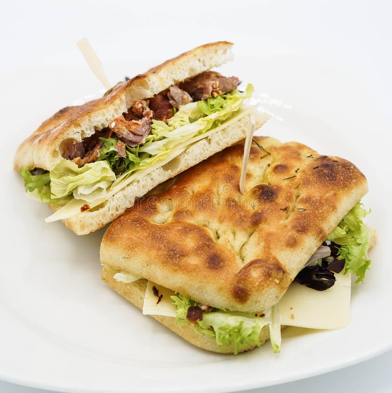 Ciabatta Bread Sandwich with Pulled Pork and Vegetables Stock Image ...