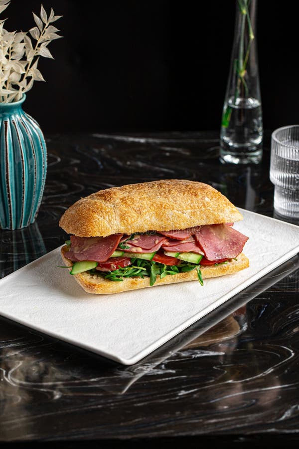 Ciabatta Sandwich with Meat and Salad Stock Image - Image of tomato ...