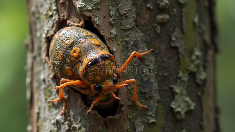 Cicada Emerging from Shell on Tree Trunk Symbolizing Renewal and ...