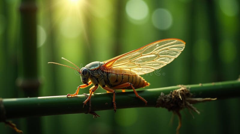 Cicada Resting on a Branch with Backlit Wings Against a Lush Green ...