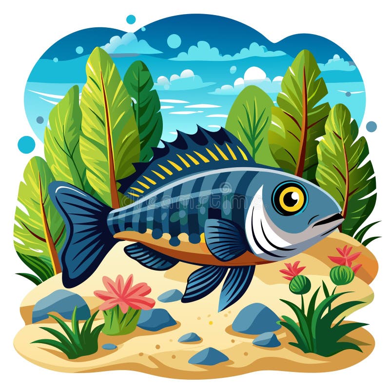 Cichlid Fish Active Sits Beach Vector Stock Illustration - Illustration ...