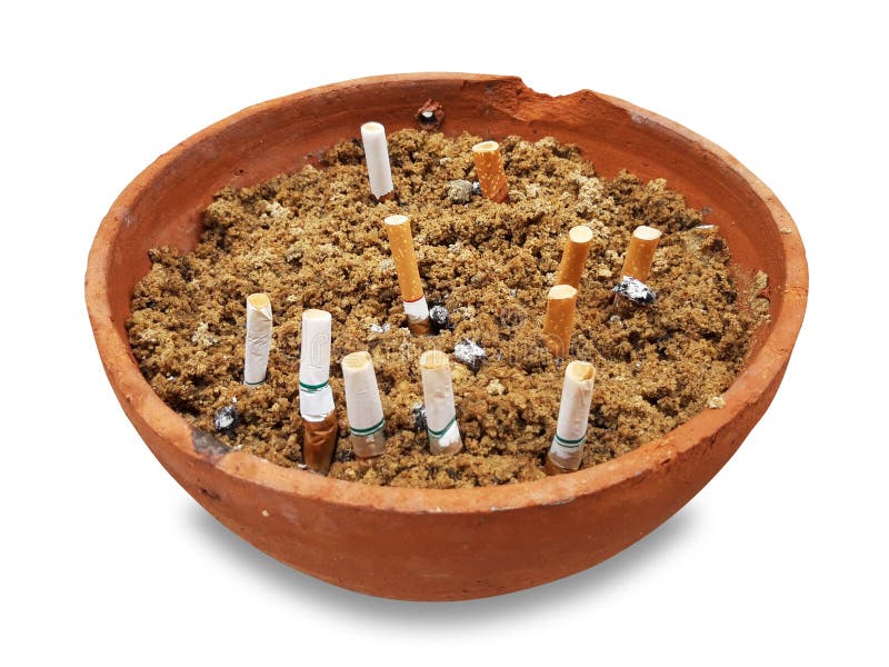 Cigarettes in Ashtray Pottery Cup on Isolate with Clipping Path Stock ...