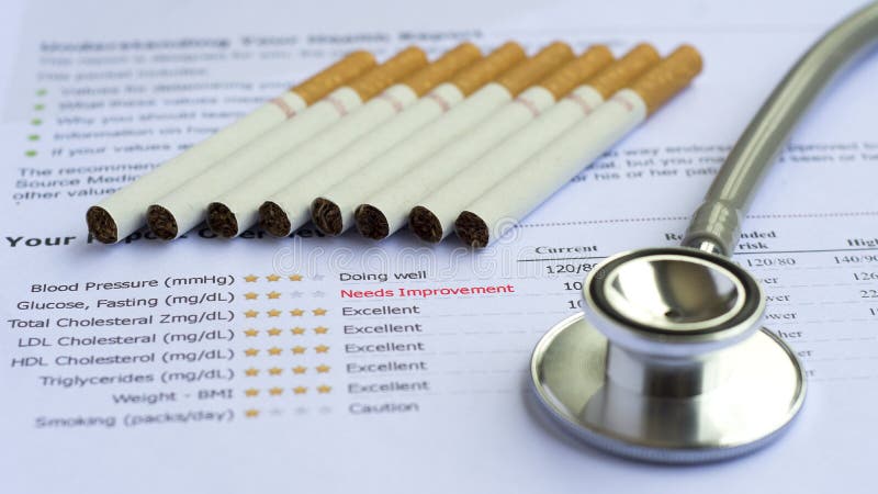 Cigarettes and Stethoscope on Lab Test Result Stock Image - Image of ...