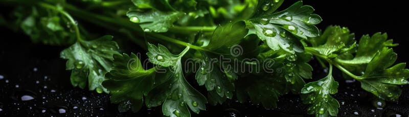 Cilantro with Droplets Standing on Black Background Wide Panoramic ...