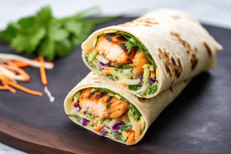 Cilantro Grilled Shrimp Wrap with Coleslaw on a Stone Plate Stock Image ...