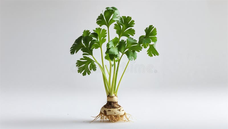 Cilantro Sprig with Soft Leaf Form and Thin Root Base Arranged Upright ...