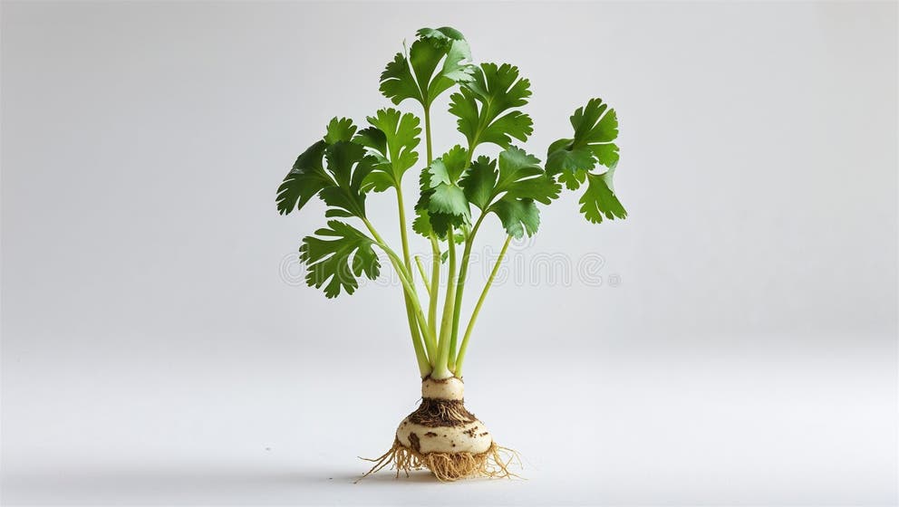 Cilantro Sprig with Soft Leaf Form and Thin Root Base Arranged Upright ...
