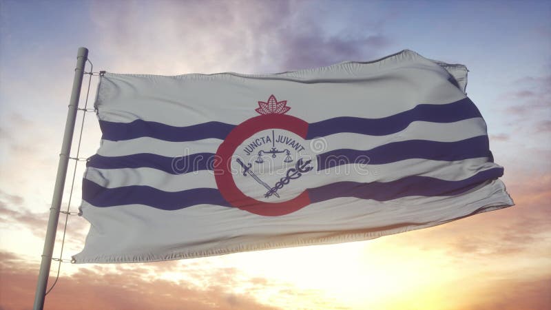 Cincinnati City of Ohio Flag Waving in the Wind, Sky and Sun Background ...