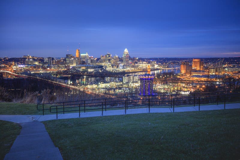 Cincinnati at night stock image. Image of sunrise, bridge - 170441663