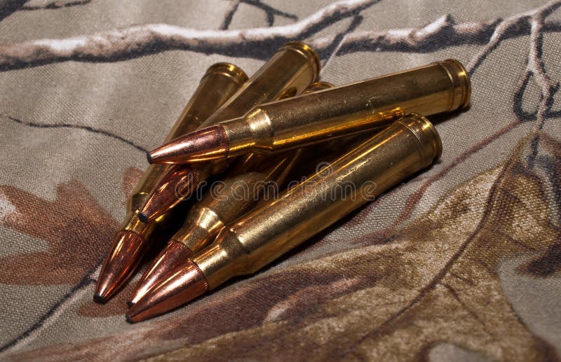 Cinco Balas Del Rifle Con Un Fondo Del Camo Foto de archivo - Imagen de ...