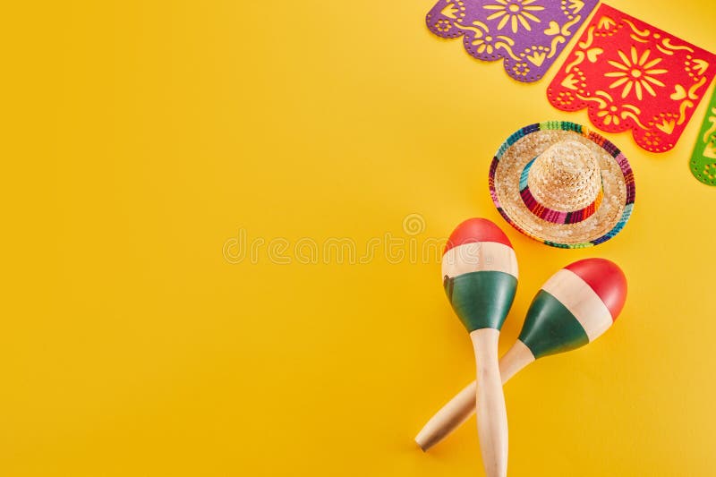 Cinco De Mayo Holiday Background. Maracas, Cactus and Hat on Yellow ...