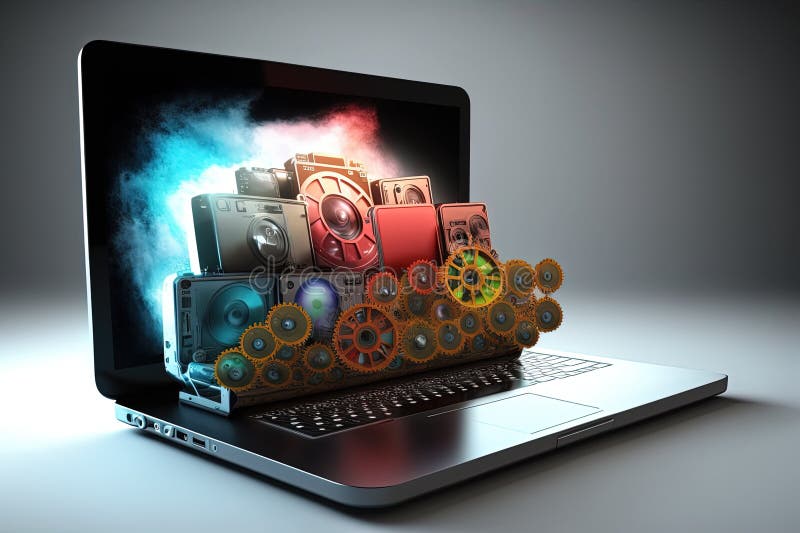 Cine Rows Laptop Concept Cinema Home App Player Video Stock ...