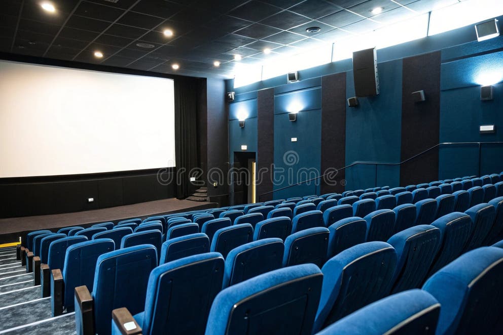 Cinema Blank Screen with Blue Seats Stock Illustration - Illustration ...