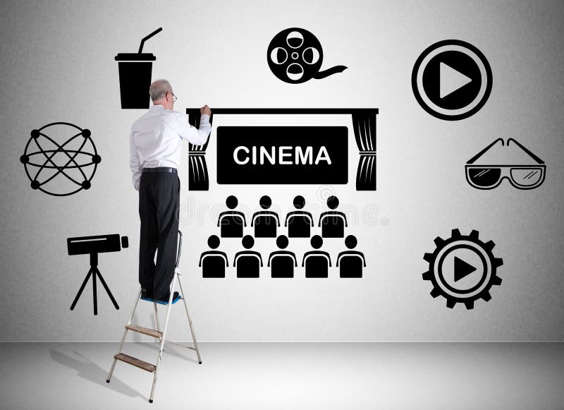 Cinema Concept Drawn by a Man on a Ladder Stock Image - Image of screen ...