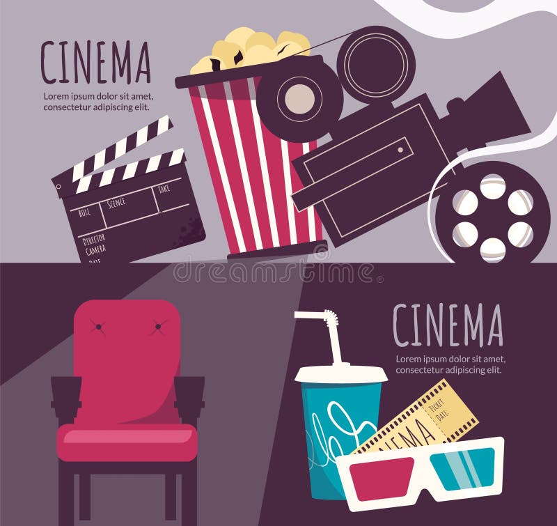 Cinema Flat Hand Drawn Cartoon Banner Set Stock Illustration ...