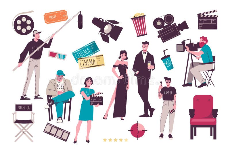 Cinema Flat Hand Drawn Cartoon Set Stock Illustration - Illustration of ...