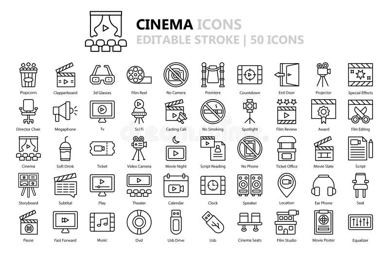 Cinema Icon Set: 50 Cinematic Outline Vector Icons in Black (EPS ...