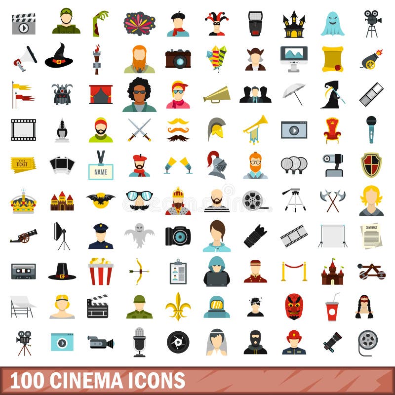 100 Cinema Icons Set, Flat Style Stock Vector - Illustration of lens ...