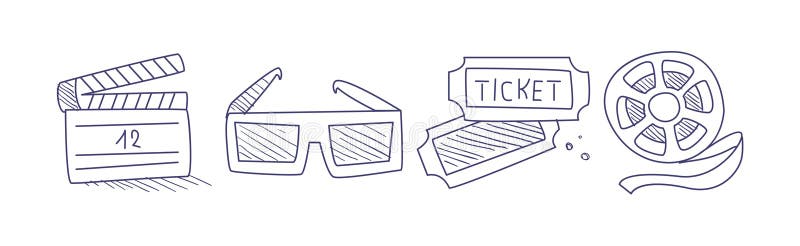 Cinema Object and Item Pen Drawing Line Vector Set Stock Vector ...