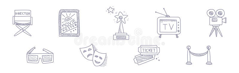 Cinema Object and Item Pen Drawing Line Vector Set Stock Vector ...