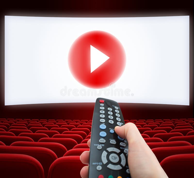 Cinema Screen with Play Media Button in Center and Remote Control in ...