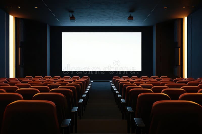 Cinema with White Mockup Screen and Seating Stock Photo - Image of hall ...