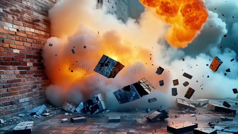 Cinematic Brick Wall Blast in Slow Motion with Flying Rubble Stock ...