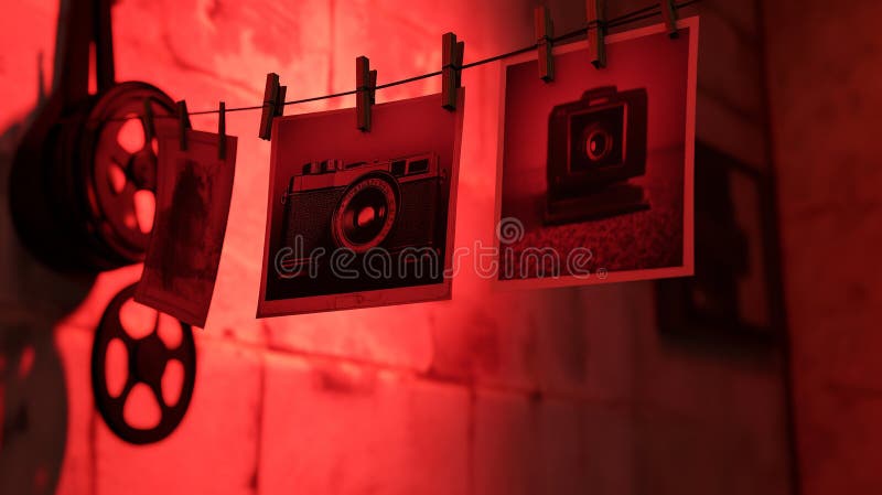 Cinematic Darkroom with a Warm Red Glow. Vintage Camera Stock Photo ...