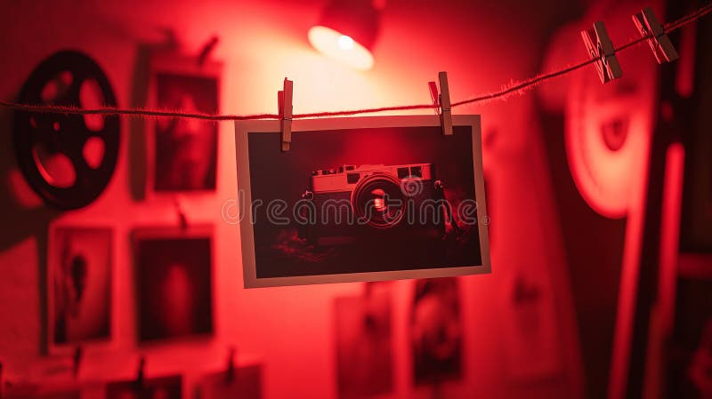 Cinematic Darkroom with a Warm Red Glow. Vintage Camera Stock Image ...