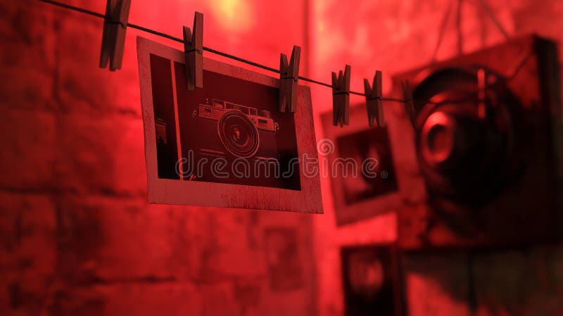 Cinematic Darkroom with a Warm Red Glow. Vintage Camera Stock Image ...