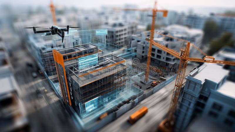 Cinematic Drone View of a Smart Construction Site, 3D BIM Layers Overlaid in the Air, Drone HUD ...