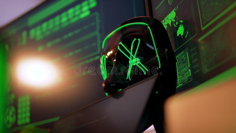 A Cinematic Hacker Scene with a Glowing Neon Mask and Code Flowing on ...