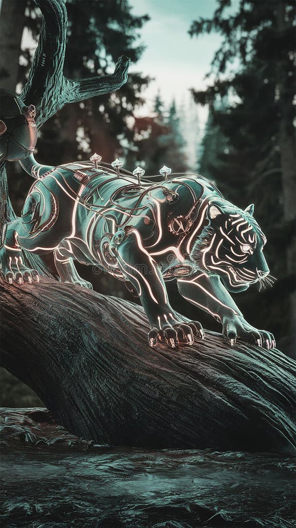 A Cinematic, Hyperrealistic Image of a Massive, Glowing Tiger on a Tree ...