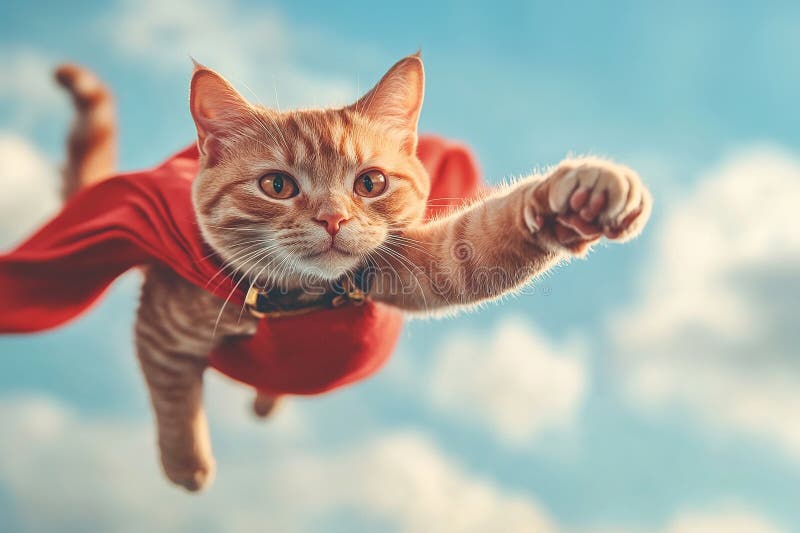 Cinematic Image of a Red Superhero Cat in a Red Cape Flying in a Blue ...