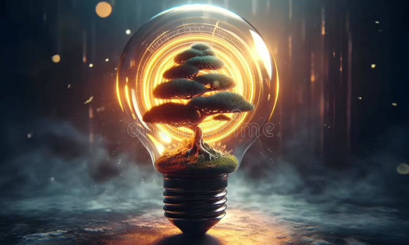 Cinematic Light Bulb with Bonsai Tree. Mesmerizing Blend of Technology ...
