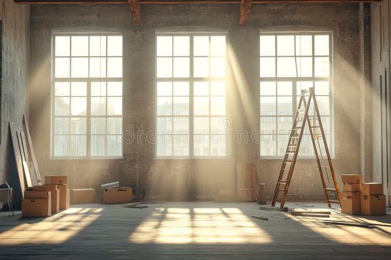 Cinematic Lighting Fills an Empty Room with Ladder, Boxes, and Tools ...