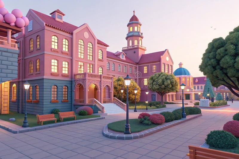 Cinematic Low-Poly University Campus with Playful 3D Models Ands Stock Illustration ...
