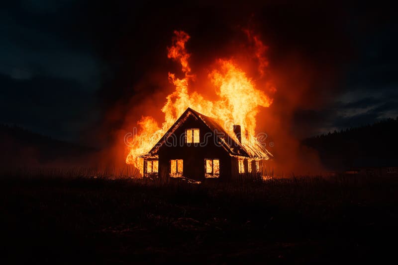 Cinematic Photograph of Burning House at Night, Flames Engulfing ...