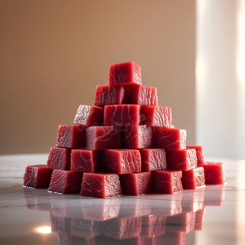 A Cinematic Photograph of Meticulously Arranged Red Meat Cubes on a ...