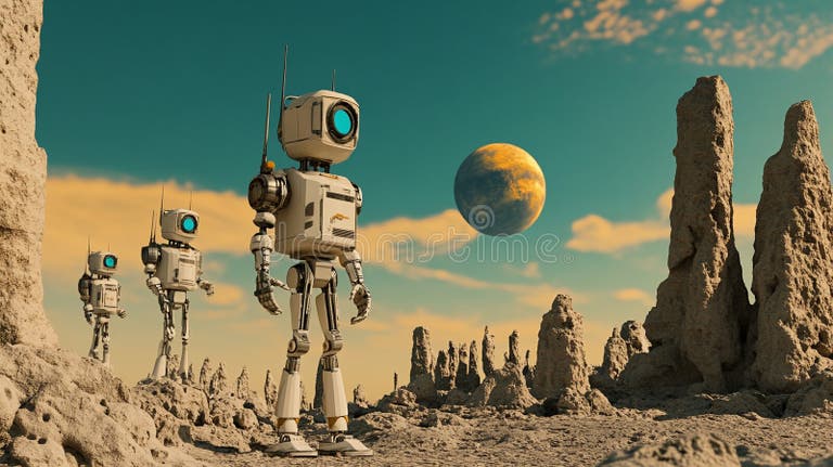 A Cinematic Sci-fi Scene Featuring Robots Exploring a Distant Planet. Stock Illustration ...