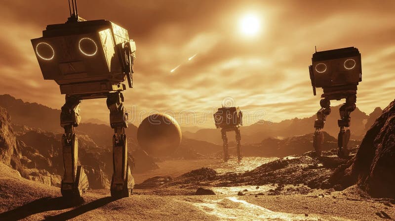 A Cinematic Sci-fi Scene Featuring Robots Exploring a Distant Planet ...